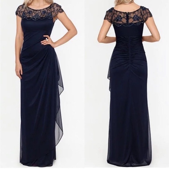 Xscape | Dresses | Nwt Xscape Navy Beaded Yoke Illusion Ruched Cascade ...